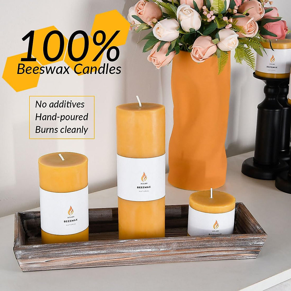 AGLARY 3"x 6" Large Beeswax Pillar Candle, Made of Pure Natural Beeswax, with Ultra Long Burning Time and Low Allergenicity-Raw，82H