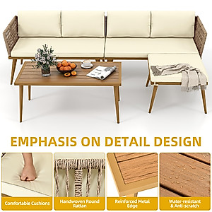 DWVO 4 Pieces Patio Furniture Set, Sectional L-Shaped Sofa for Patio Backyard Poolside Porch, All-Weather Rattan Woven Conversation Set Detachable Lounger with Side Table & Cushions (Beige)