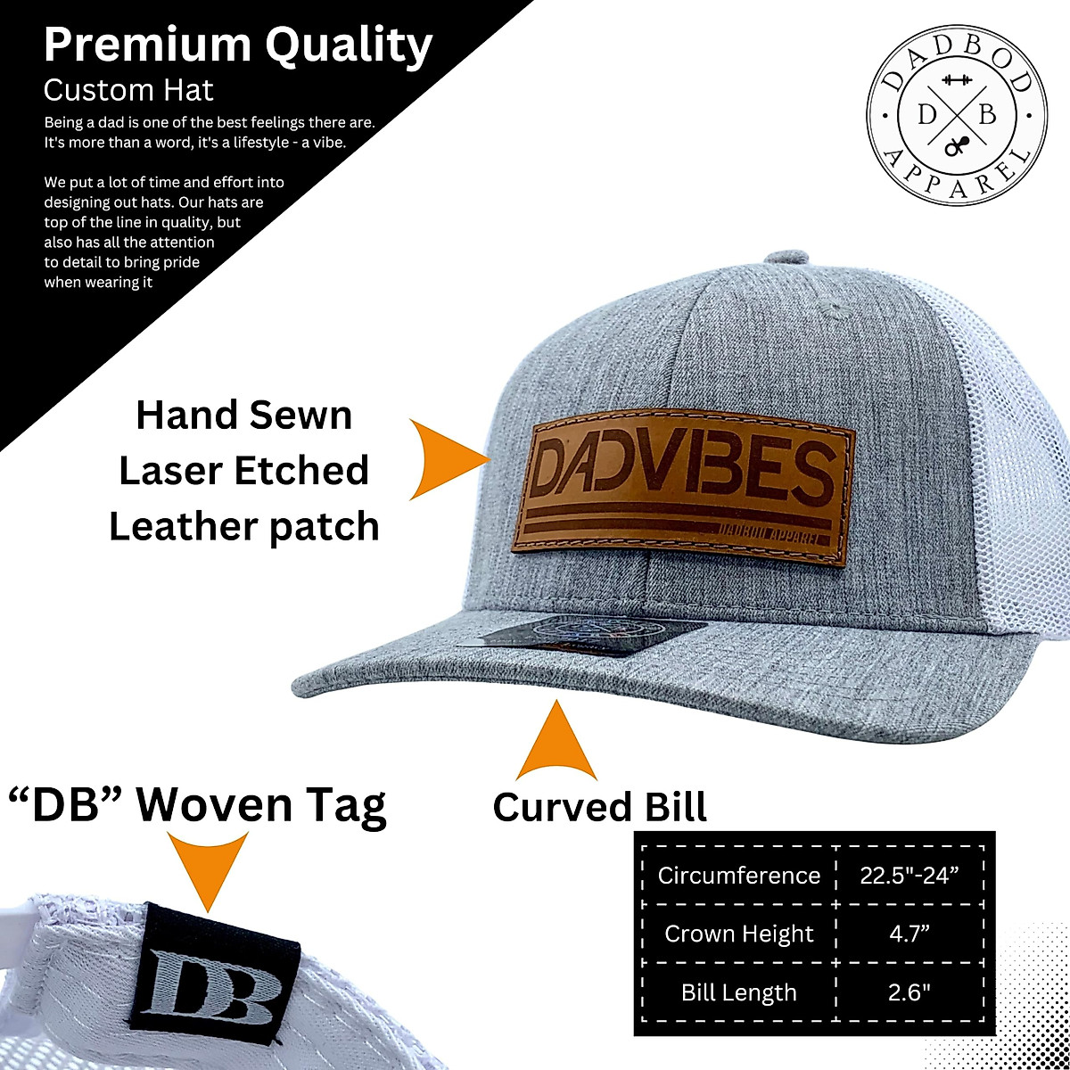 DadBod Apparel DB DadVibes Leather Patch Classic Snapback Hat - Heather Grey/White Mesh - Premium Baseball Cap for Girl Dads and Boy Dads