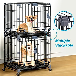Docal Heavy Duty Dog Crate with Wheels, Easy to Assemble Medium Dog Kennel Dog Playpen with Double Door and Drawer Leak-Proof Tray, Multiple Stackable Thick Sturdy Carbon Steel Pet Cage，Black 24 inch