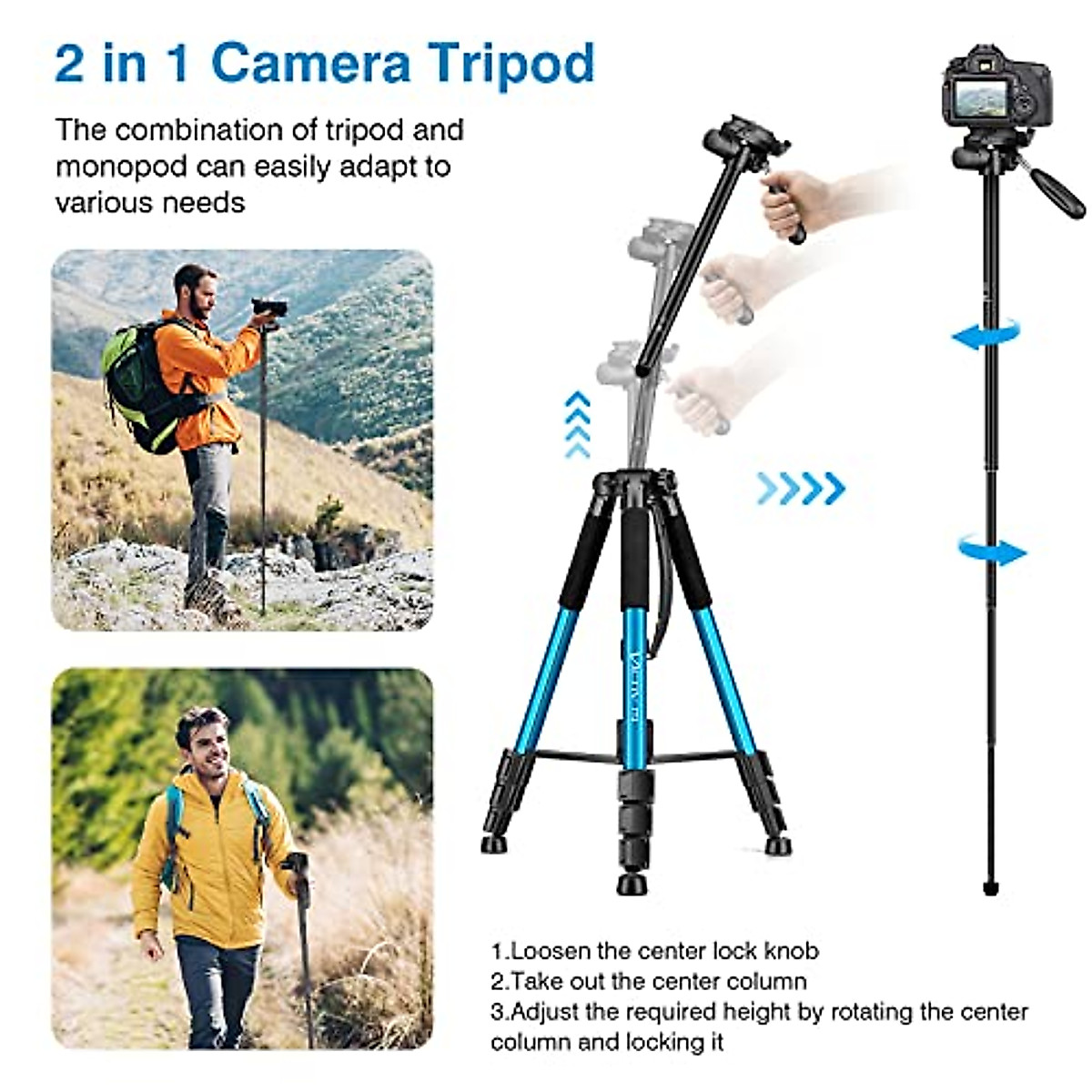Victiv 72-inch Camera Tripod Aluminum T72 with Phone Tripod Mount- Lightweight Tripod & Monopod Compact for Travel with 2 Quick Release Plates for Canon Nikon DSLR Video Shooting - Blue