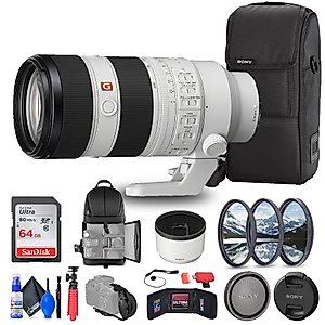 Sony FE 70-200mm f/2.8 GM OSS II Lens (SEL70200GM2) + 64GB Memory Card + FilterKit + Backpack + Card Reader + Flex Tripod + Memory Wallet + Cap Keeper + Cleaning Set + Hand Strap (Renewed)