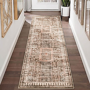 GarveeHome Hallway Runner Rug 2'x6' Washable Vintage Distressed Area Rugs Non Slip Laundry Rug Runner Floral Floor Carpet for Hallways Entryway Laundry Room Kitchen Bathroom Brown