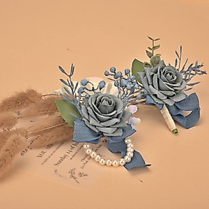 Weslymoo Dusty Blue Rose Wrist Corsage and Boutonniere Set Artificial Prom Flower Corsage Wristlet Band Bracelet Wedding Accessories Prom Decorations