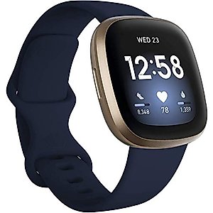 Fitbit Versa 3 Health & Fitness Smartwatch W/ Bluetooth Calls/Texts, Fast Charging, GPS, Heart Rate SpO2, 6+ Days Battery (S & L Bands, 90 Day Premium Included) International Version (Blue/Gold)