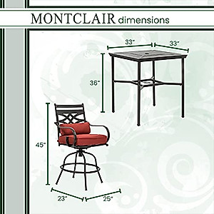 Hanover Montclair 5-Piece High Dining Patio Set with 33'' Steel Stamped Square Bar Height Table and 4 Red Cushioned Tall Swivel Chairs, Modern All-Weather Outdoor Furniture for Backyard and Deck