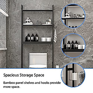 Bonzy Home Over The Toilet Storage, Bamboo 3 Tier Bathroom Organizer Space Saver Bathroom Shelf Freestanding Toilet Stands with Hooks