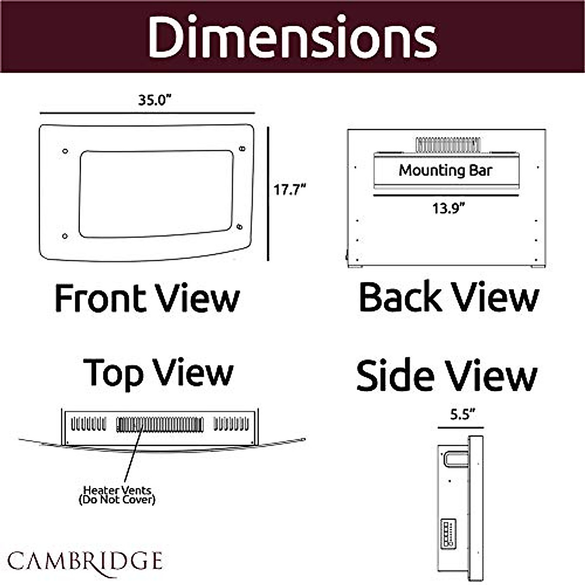 Cambridge Callisto 35 In. Curved Electric Wall Mounted Fireplace Heater with Flame Crystal Rock Display, Adjustable Heat, Remote - CAM35WMEF-1BLK