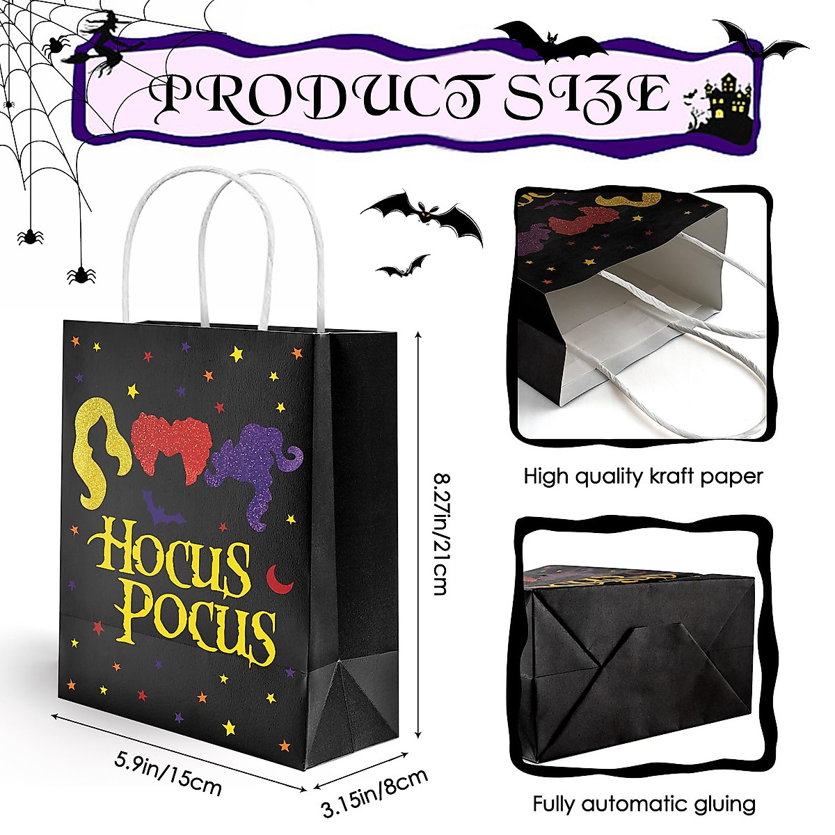 24 Pieces Halloween Small Gift Bags with Handles Hocus Pocus Theme Halloween Kraft Paper Party Favor Bags Witch Goodie Bags with Handles for Halloween, Birthday, Crafts, Party Supplies