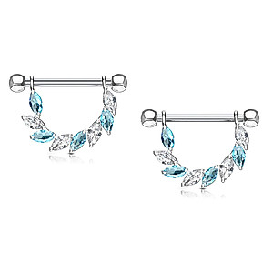 Forbidden Body Jewelry Pair of Surgical Steel 9/16 Inch Sexy CZ Vine D-Ring Dangle Nipple Barbells, Clear/Aqua
