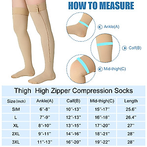 Sosation 2 Pairs Zipper Compression Socks Thigh High 20-30 mmHg Compression Socks Closed Toe Thigh High Compression Stockings (Beige,Medium)