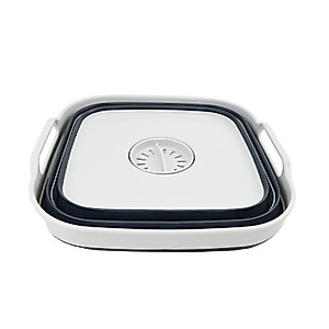 SAMMART 10L (2.64 Gallon) Collapsible Dishpan with Draining Plug - Foldable Washing Basin - Portable Dish Washing Tub - Space Saving Kitchen Storage Tray (Grey/Slate Grey)