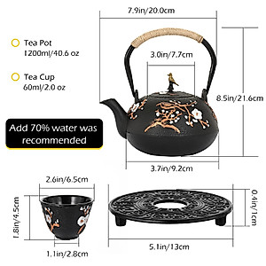Dyna-Living Cast Iron Teapot Japanese Tea Kettle Set 1200ml/40.6oz Japanese Cast Iron Teapot Set with 4 Tea Cups Japanese Style Tea Pot with Infuser Cast Iron Tea Kettle for Tea Lover