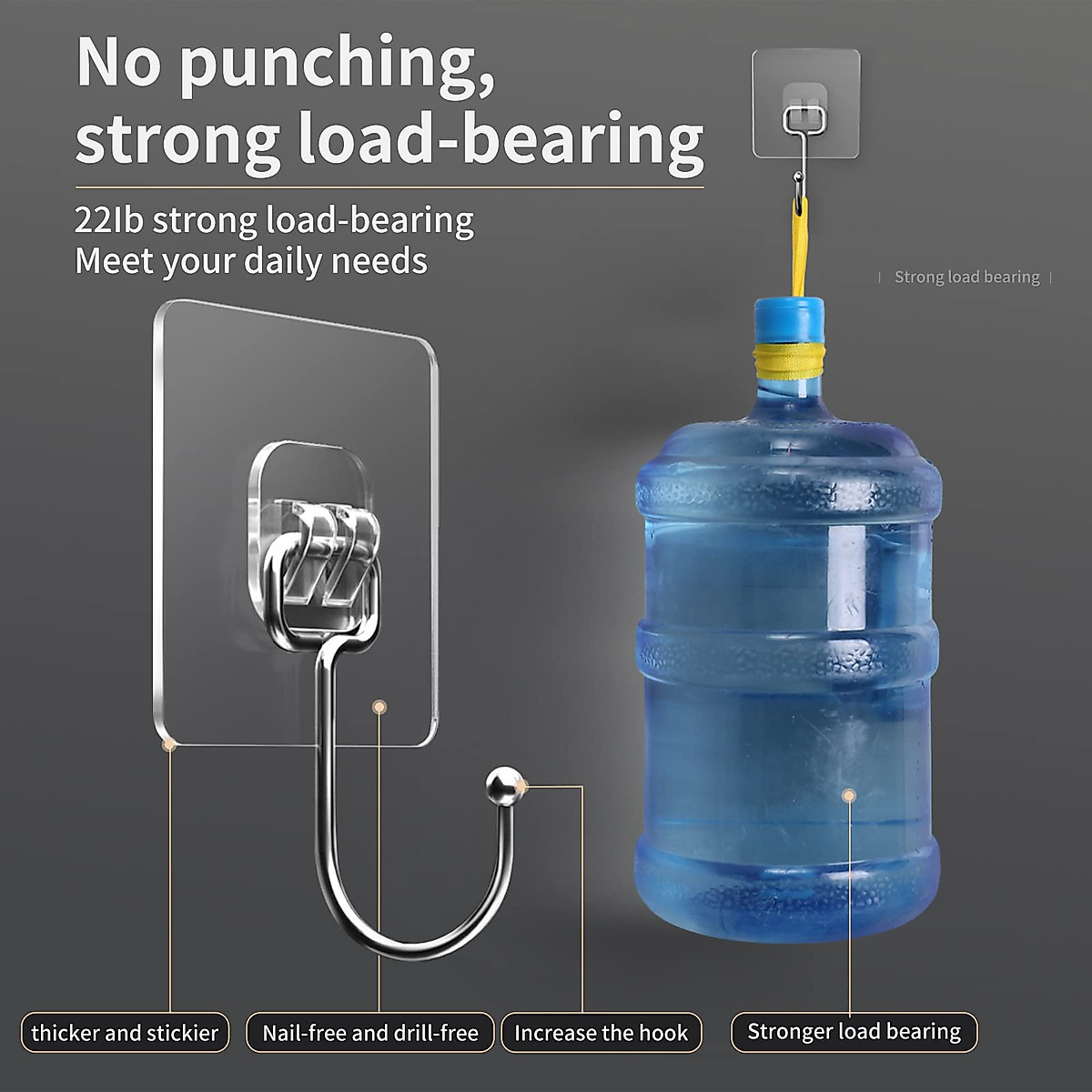 Large Adhesive Hooks for Hanging Heavy Duty Wall Hooks 22 lbs Self Adhesive Towel Waterproof Transparent for Bags Bathroom Shower Outdoor Kitchen Cups Door Coat Sticky Hooks (Transparent, 8pcs)