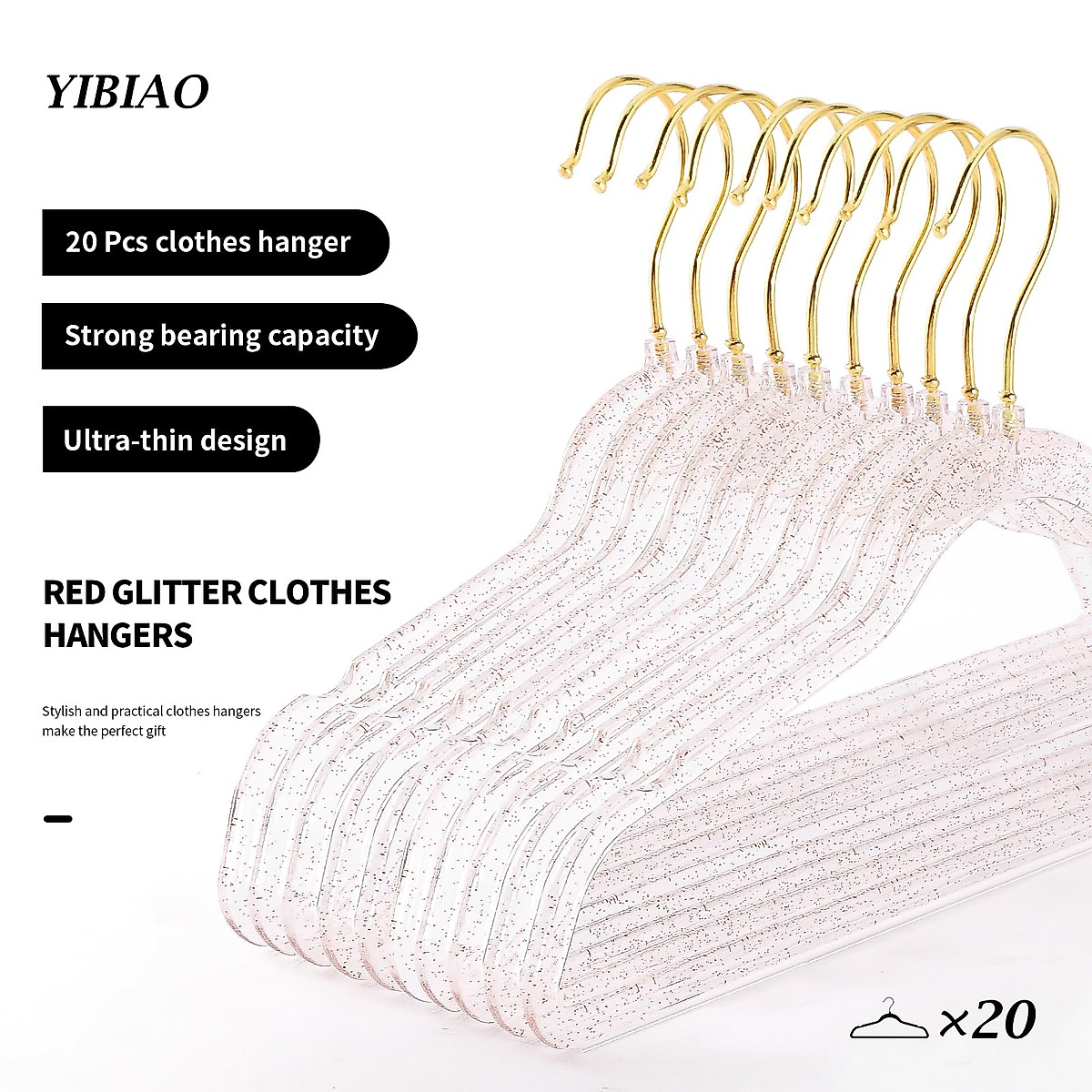Gold Glitter Hangers,Pink Sparkle Hangers 20 Pcs,Ultra-Thin Acrylic Glitter Hangers for Dress Suits, Glitter Hangers for Girls Non-Slip Space Saving (Pink)