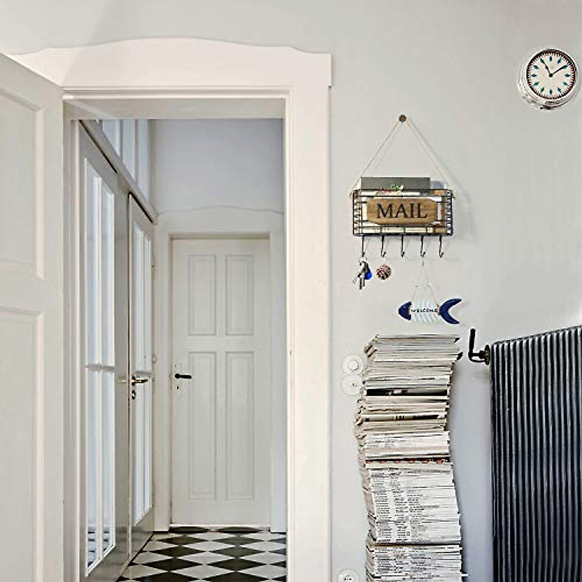 SRIWATANA Mail Organizer Wall Mount, Rustic Mail Holder Key Holder for Wall with Hooks, Small Size, Carbonized Black