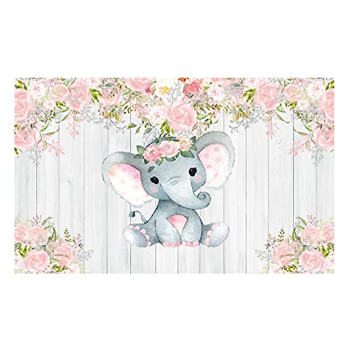 Allenjoy Rustic White Wood Elephant Backdrop Supplies for Baby Shower Pink Floral It's a Girl Newborn Kids Birthday Party Decorations Studio Cake Smash Candy Dessert Photography Banners Props
