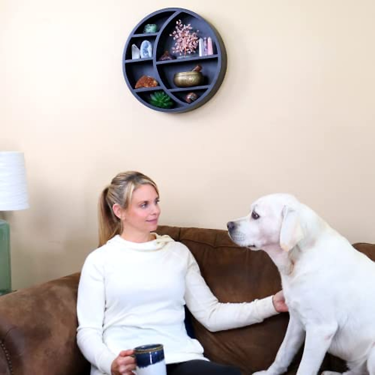 Moon Shelf for Crystals - Large 17" Black Moon Wall Decor for Bedroom, Nursery Shelf, Moon Decor – Witchy Decor - Wood Hanging Shelf Boho Crystal Display Shelf & Essential Oils Gifts for Women