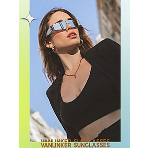 VANLINKER Futuristic Trendy Wrap Around Sunglasses for Women Men Fashion Rimless Visor Rave Shield Y2k Mirrored Shades Silver/Black VL9679