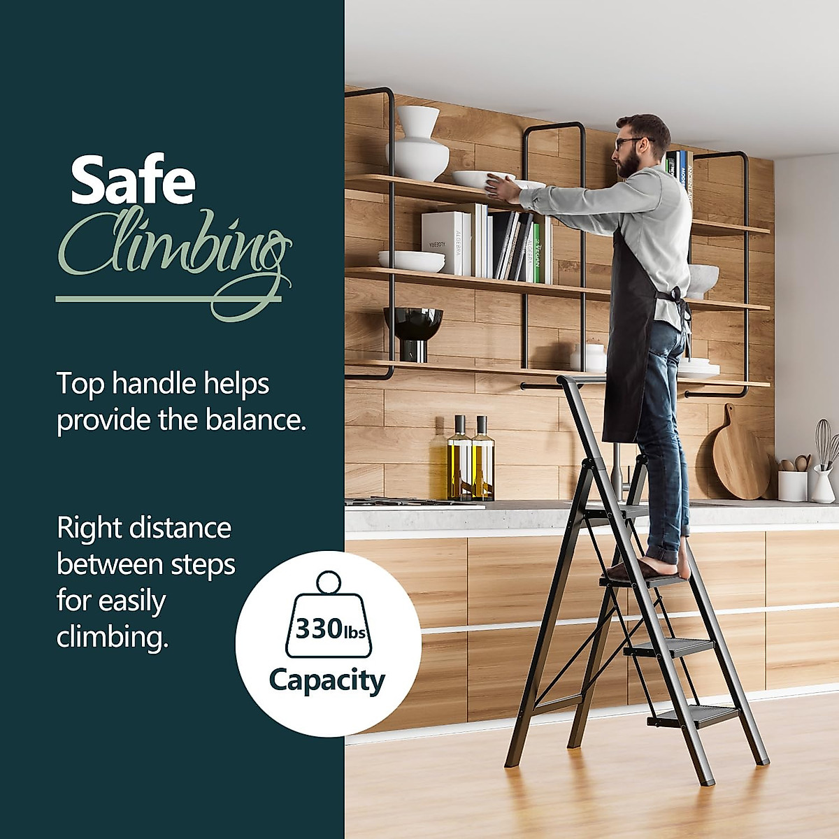 WOA WOA 4-Step Ladder with Widen Pedals, Lightweight Folding Aluminum Ladder with Anti-Slip Feet for Home, Kitchen High Cabinet - 330 lbs Load - Black