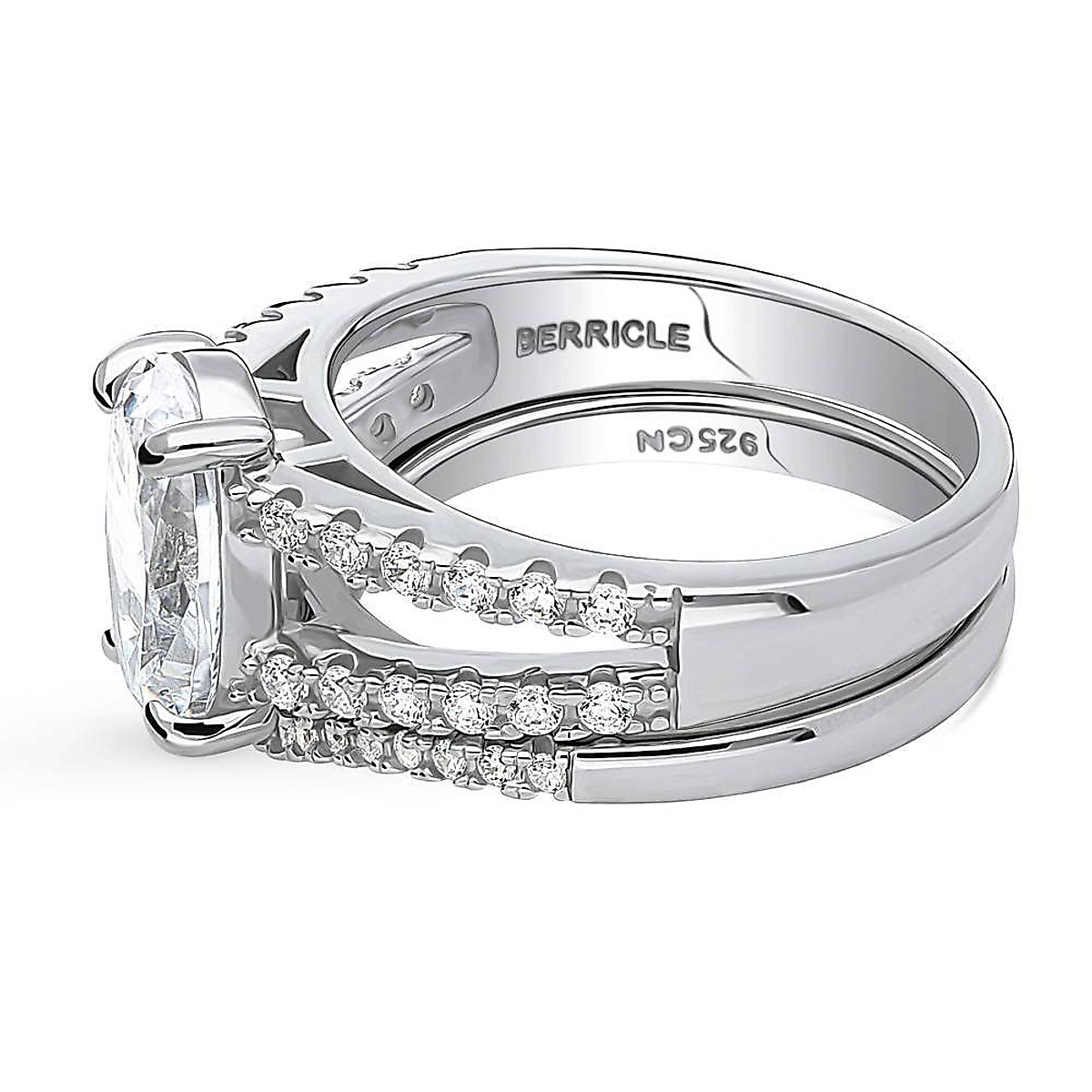 BERRICLE Sterling Silver Solitaire Wedding Engagement Rings 2.7 Carat Oval Cut Cubic Zirconia CZ Split Shank Ring Set for Women, Rhodium Plated Size 7