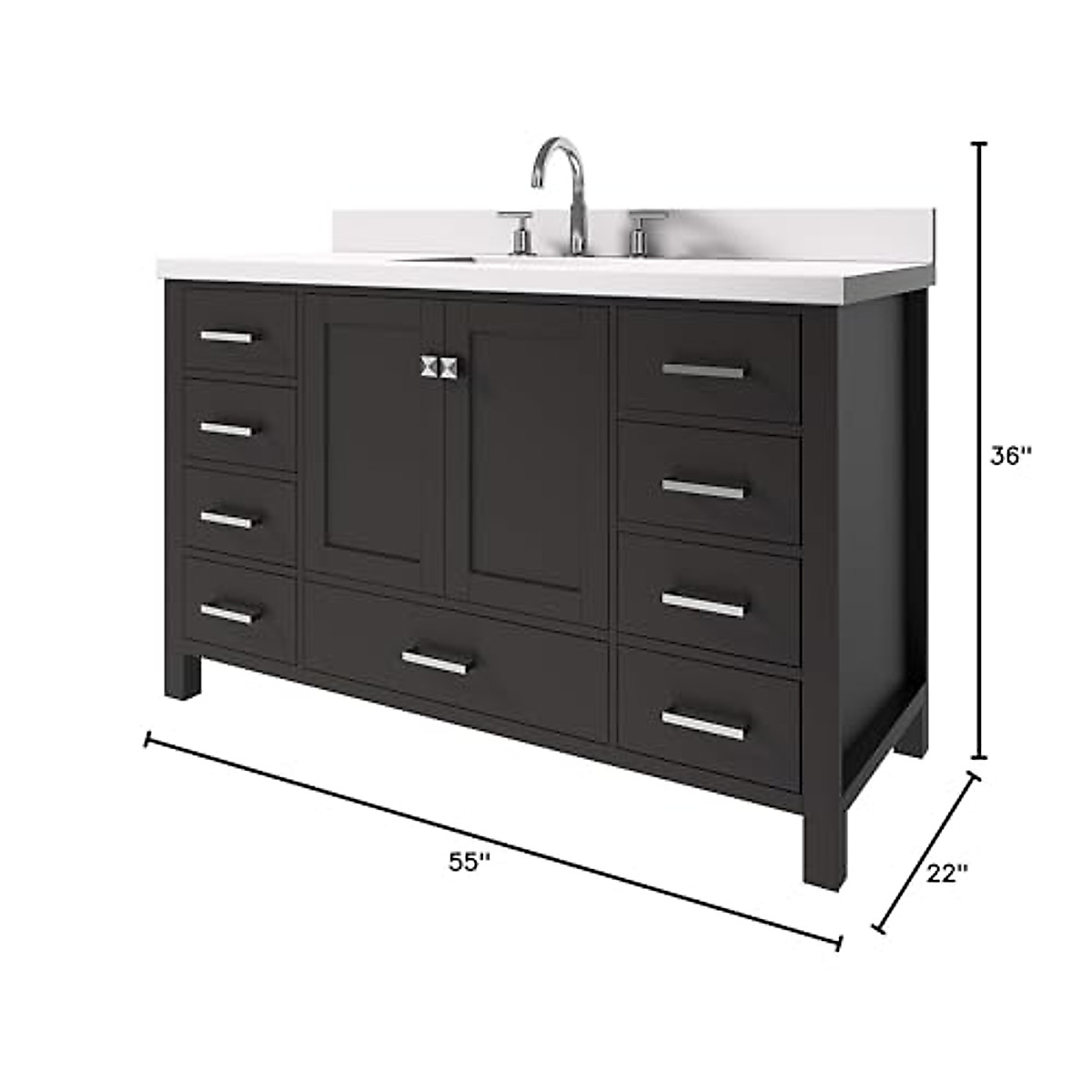 ARIEL Bathroom Vanity 55" Inch in Espresso with Pure White Quartz Countertop, Rectangular Sink, 2 Soft Closing Doors and 9 Full Extension Dovetail Drawers, No Mirror