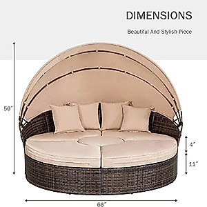 Patiomore Patio Round Daybed with Retractable Canopy, Clamshell Sectional Seating Brown Wicker Outdoor Furniture with Washable Cushions for Patio Backyard Porch Pool