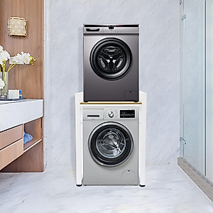 LOHISHILO Stacking Rack Stand, Heavy Duty Over Washer&Dryer Shelves with Adjustable Shelf, Space Saver Stackable Storage Shelf for Laundry Room Apartments Bedrooms (White& Light Walnut)