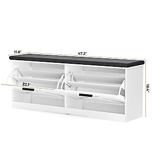 Homleke Shoe Storage Bench with 2 Flip Drawers, Entryway Bench with Padded Seat Cushion, Shoe Cabinet with 2 Barn Doors, 11.8" D x 47.2" W x 18.4" H, for Entryway, Living Room, Bedroom, White