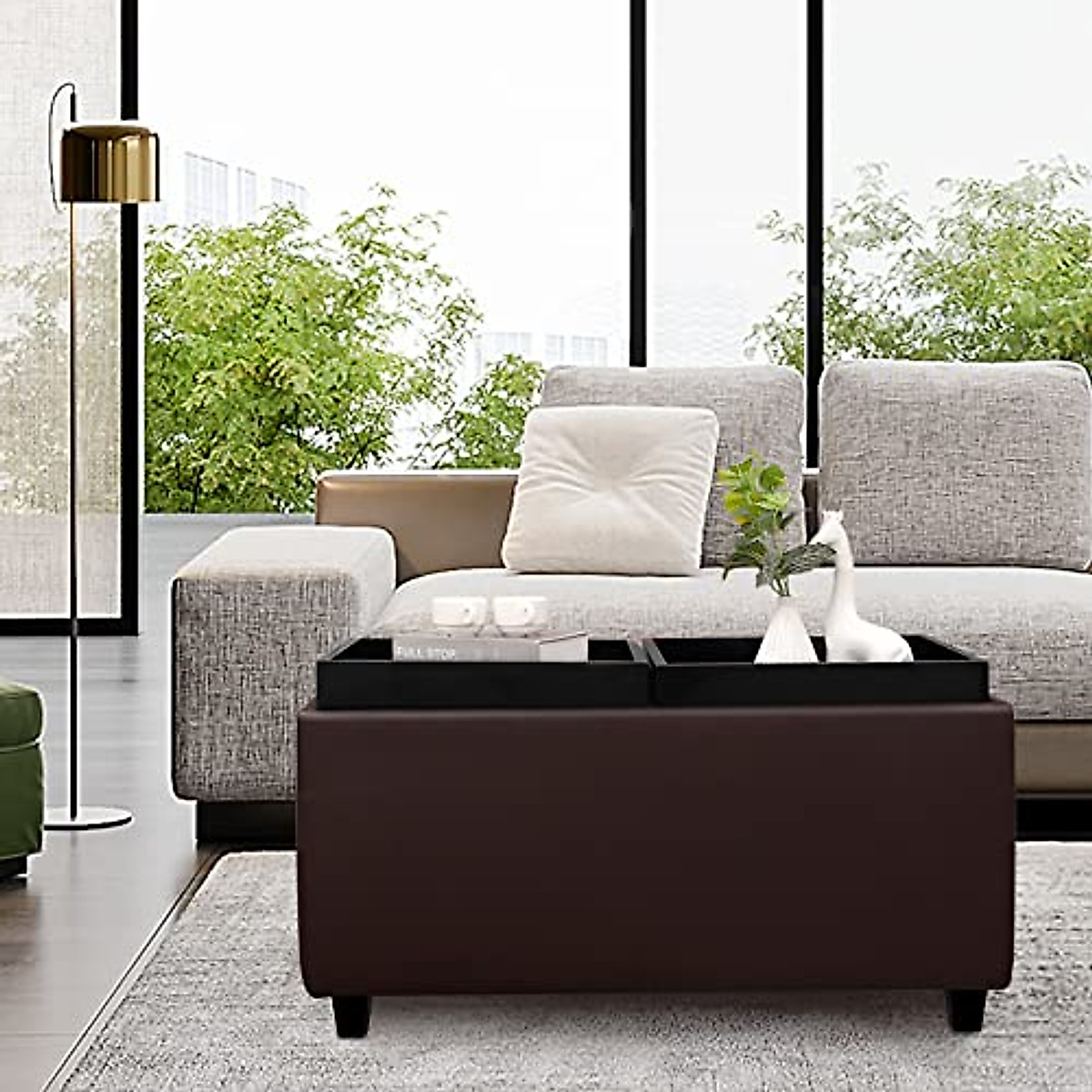 Homestripe 34Inch Contemporary Rectangle Tray Storage Ottoman in Midnight Black Footrest Stool, Footstool for The Living Room Family Room, Brown