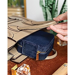 Plush Velvet Travel Jewelry Box Organizer | Travel Jewelry Case, Jewelry Travel Organizer | Small Jewelry Box for Women, Jewelry Travel Case | Earring Organizer with Mirror - Navy Blue