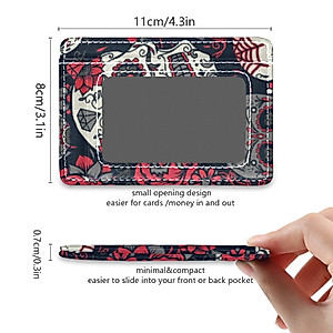 Linomo Thin leather Card Holder and Money Clip Floral Flower Sugar Skull Wallet RFID Blocking for Men & Women