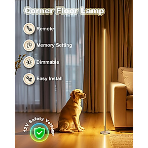 TACAHE Minimalist Corner Floor Lamp - 2700K-6500K Dimmable LED Night Light - Modern Standing Mood Lamp with Remote Control for Living Room, Bedroom - 57" 12W - Gold