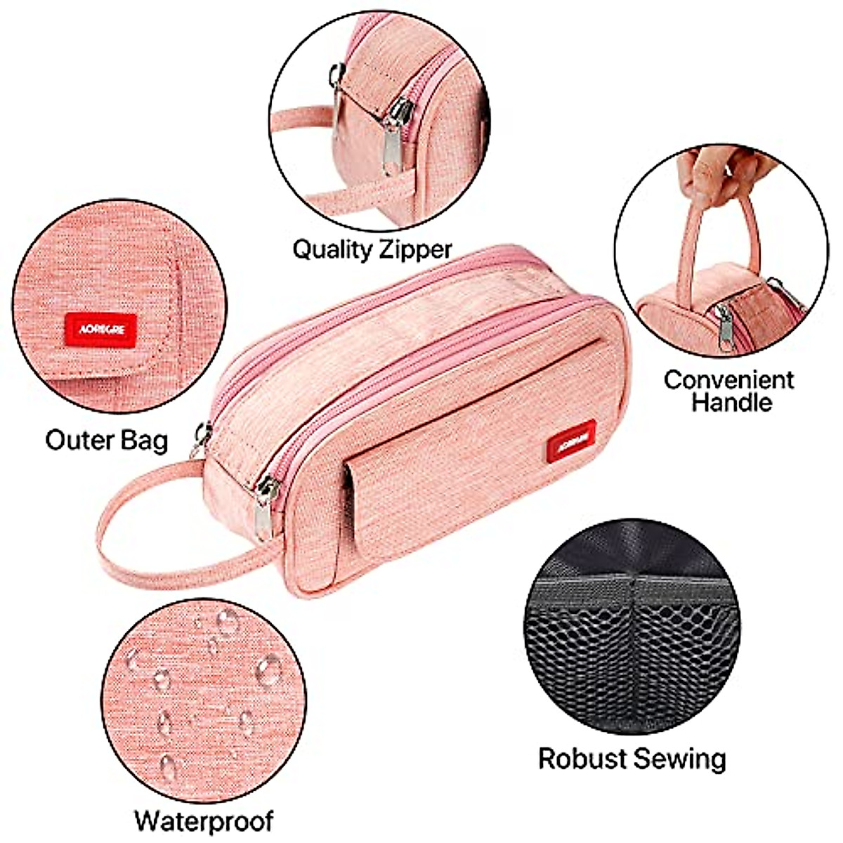 AOREGRE Pencil Case Big Capacity Pencil Bag School Pencil Case Portable Office Stationery Makeup Bag College Supplies School College Office Organizer for Student Teens Girls Adults - Pink