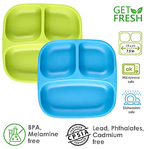 GET FRESH PLA Kids Divided Plates Set – 2-pack Melamine-Free Sectioned Plates for Kids and Toddlers – Stackable BPA-free Childrens Dinnerware Divider Plates – Reusable 3 Compartment Kids Plates