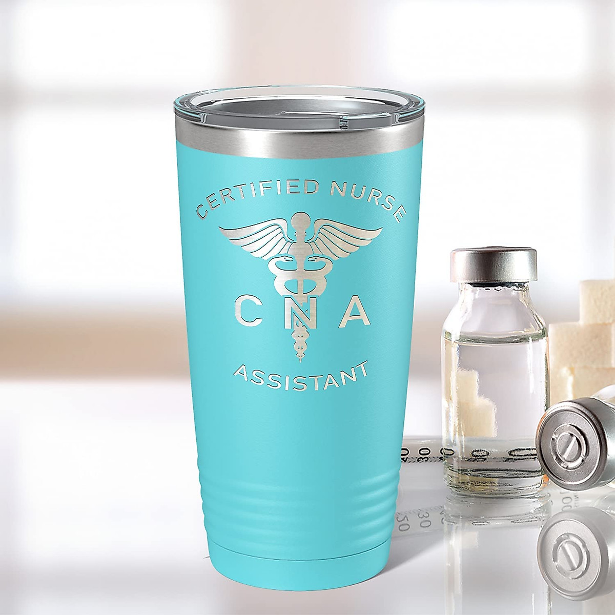 CNA Certified Nurse Assistant Gift on Lite Blue 20 oz Stainless Steel Tumbler with Lid - Insulated Cup - Travel Mug