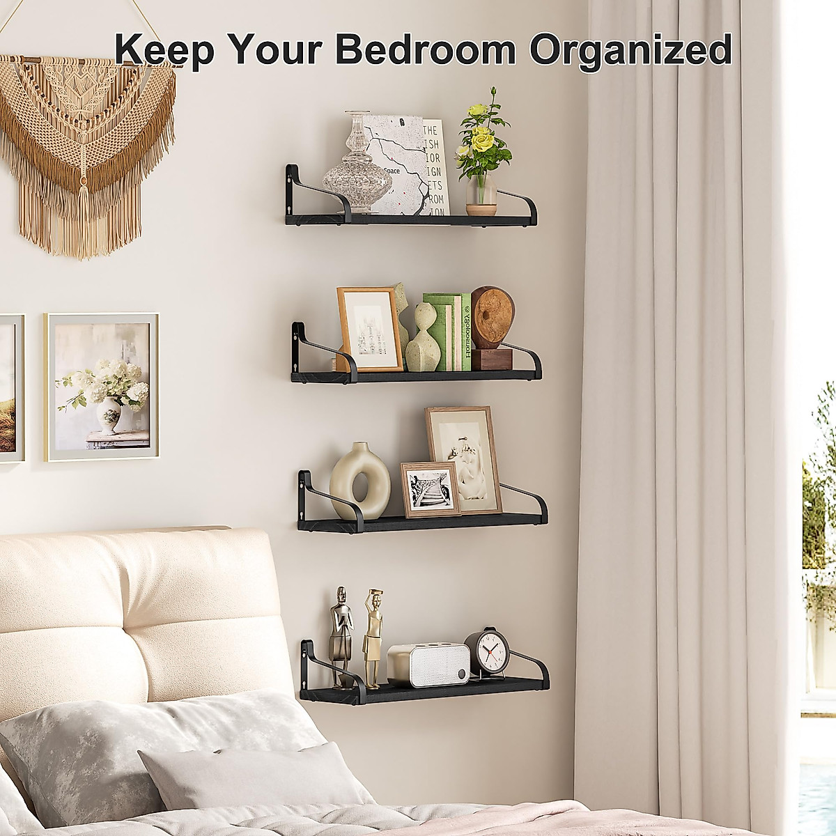 Love-KANKEI Black Floating Shelves for Wall Set of 4, 15.7 Inch Wood Wall Shelves with Bracket, Rustic Hanging Shelves for Bathroom, Bedroom, Kitchen,Living Room, Office Display