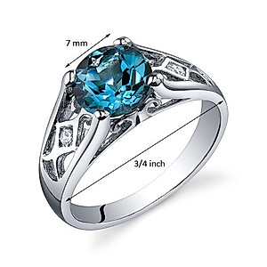 PEORA London Blue Topaz Cathedral Solitaire Ring for Women 925 Sterling Silver, Natural Gemstone Birthstone, 1.50 Carats Round Shape 7mm, Size 8