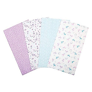 Unicorns and Flowers 4 Pack Flannel Burp Cloth Set-Hearts and Stars, Mini Floral, Herringbone and Unicorn and Clouds Prints, Purples, Teal, Pink and White, 100% Cotton Flannel, 11.5 in x 20 in Each
