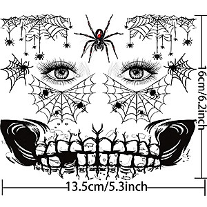 COKTAK 4 Sheet Scary Halloween Face Tattoos For Women Men Adults, Fake Wound Scars Witch Makeup For Halloween Chucky Zombie Makeup Kit, 3D Spider Web Face Tattoo Sticker Halloween Face Decals Paint