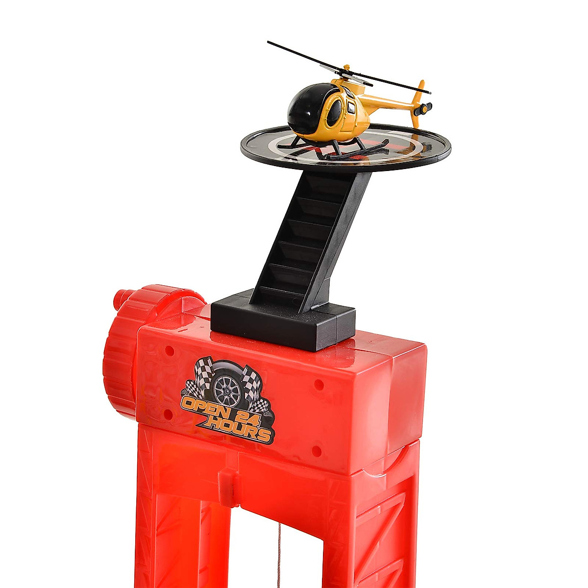 Qaba 3-Level Parking Garage Toy Car Playset with Racetrack, Helicopter Ramp, Elevator, and Cars for Boys and Girls