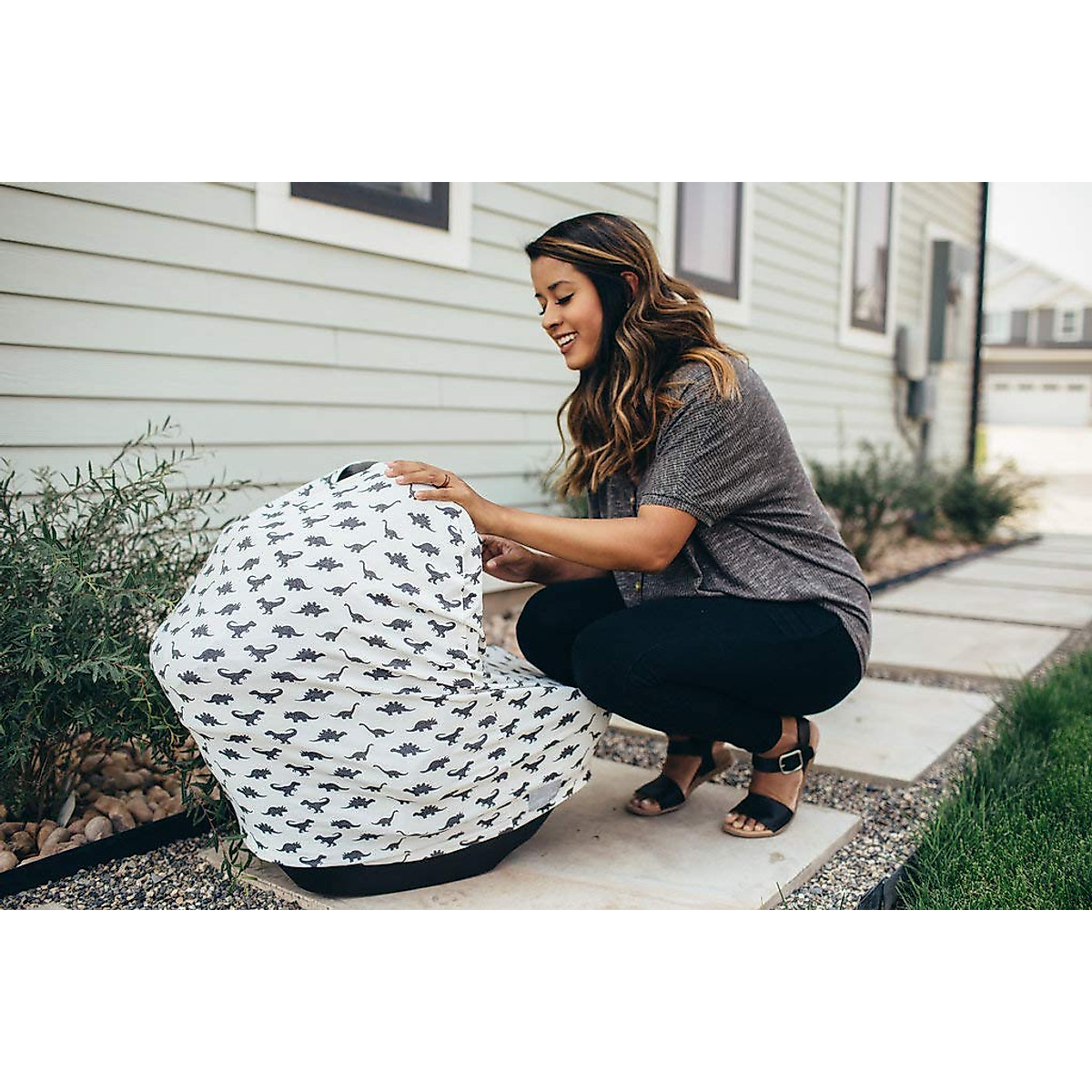 Baby Car Seat Cover Canopy and Nursing Cover Multi-Use Stretchy 5 in 1 Gift Dinos "Wild" by Copper Pearl