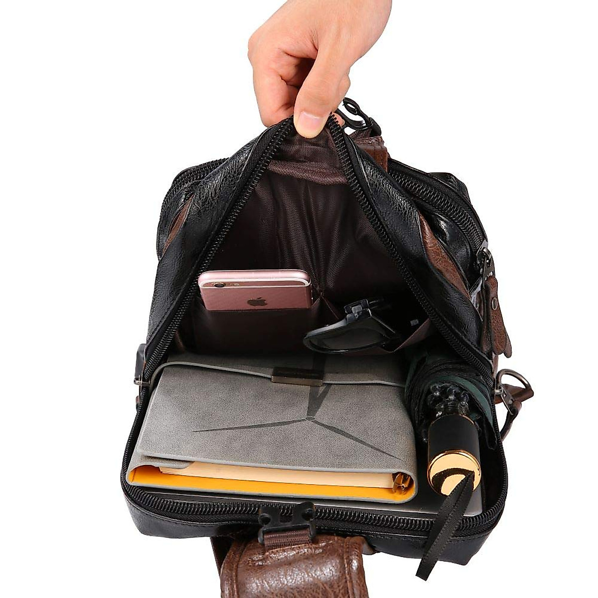 QICHUANG Men Vintage Sling Bag PU Leather Crossbody Unbalance Shoulder Bag with USB Charging Port Gift for Men