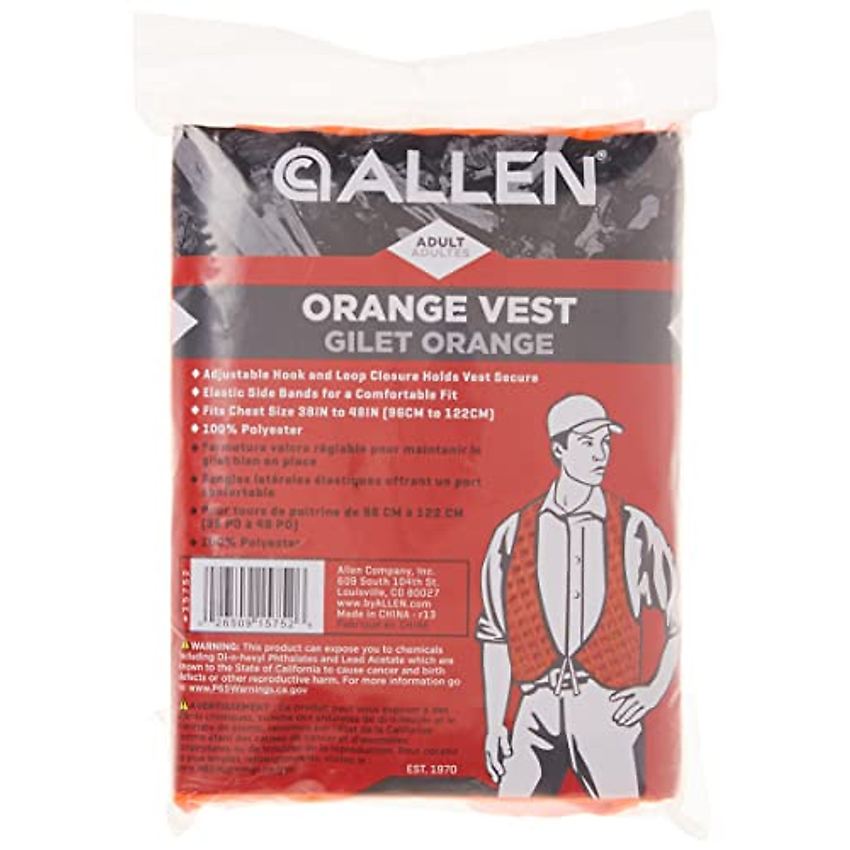 Allen Company Adult Blaze Orange Hunting Vest with a Hook and Loop Closure - High-Visibility Saftey Gear for Men and Women - Fits over Clothes and Jacket - Large