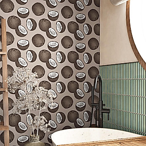 ReWallpaper Light Tan Peel and Stick Wallpaper Removable Brown Vinyl Wallpaper Stick and Peel Waterproof Contact Paper for Cabinets Bathroom Bedroom Tropical Coconut Fruit Wall Paper Roll 17.5in×10ft