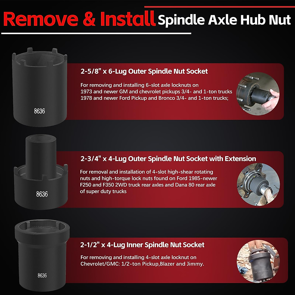 Spindle Nut Socket Tool Kit 5 Pcs Axle Hub Lock Nut Socket Set 1/2” Drive Wheel Drive Spindle Nut Remover Installer for Ford Dana 50/60, Chevy, and Dodge, Replace# 648636 Lug Out Spindle Socket Set