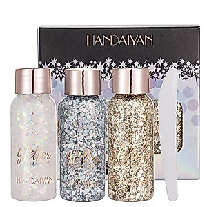 3 Pack HANDAIYAN Holographic Body Glitter Gel Nail Hair Body Face Eye Shadow Mermaid Sequins Chunky Glitter Festival Glitter Makeup for Body, Face, Hair Makeup (Set A)