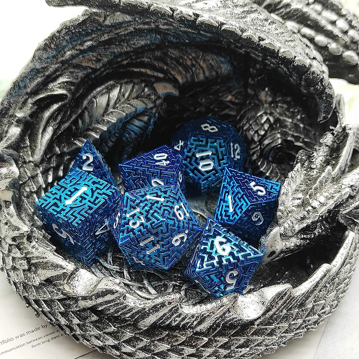 DND Polyhedral Hollow Metal Dice Set RPG Maze Design D&D Dungeons and Dragons D and D MTG Weighted Pathfinder Board Game D4 D6 D8 D10 D% D12 D20 (with Free Metal Storage Box) Dice-Blue