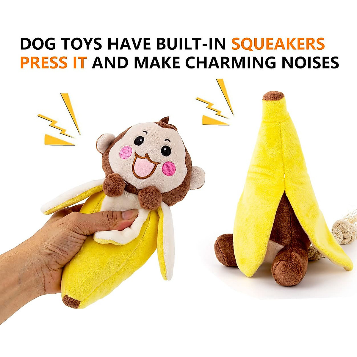 UNIWILAND 7 Pack Dog Chew Toys Pack for Dogs, 2 Cute Dog Squeaky Dog Toys with 5 Ropes Puppy Chew Toys, Puppies Teething Chew Toys, Cute Plush Dog Toys for Medium Small Dogs Boredom (Cute Monkey)