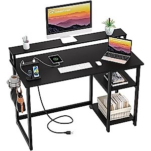 GreenForest Computer Desk with USB Charging Port and Power Outlet, Reversible Small Desk with Monitor Stand and Storage Shelves for Home Office, 40 in Work Desk with Cup Holder Hook, Black